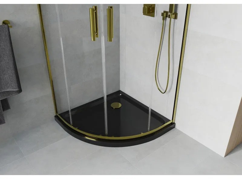 Mexen Rio, čtvrtkruhový sprchový kout s posuvnými dveřmi 90 (dveře) x 90 (dveře) x 190 cm, 5mm čiré sklo, zlatý profil + černá sprchová vanička SLIM, 863-090-090-50-00-4170G