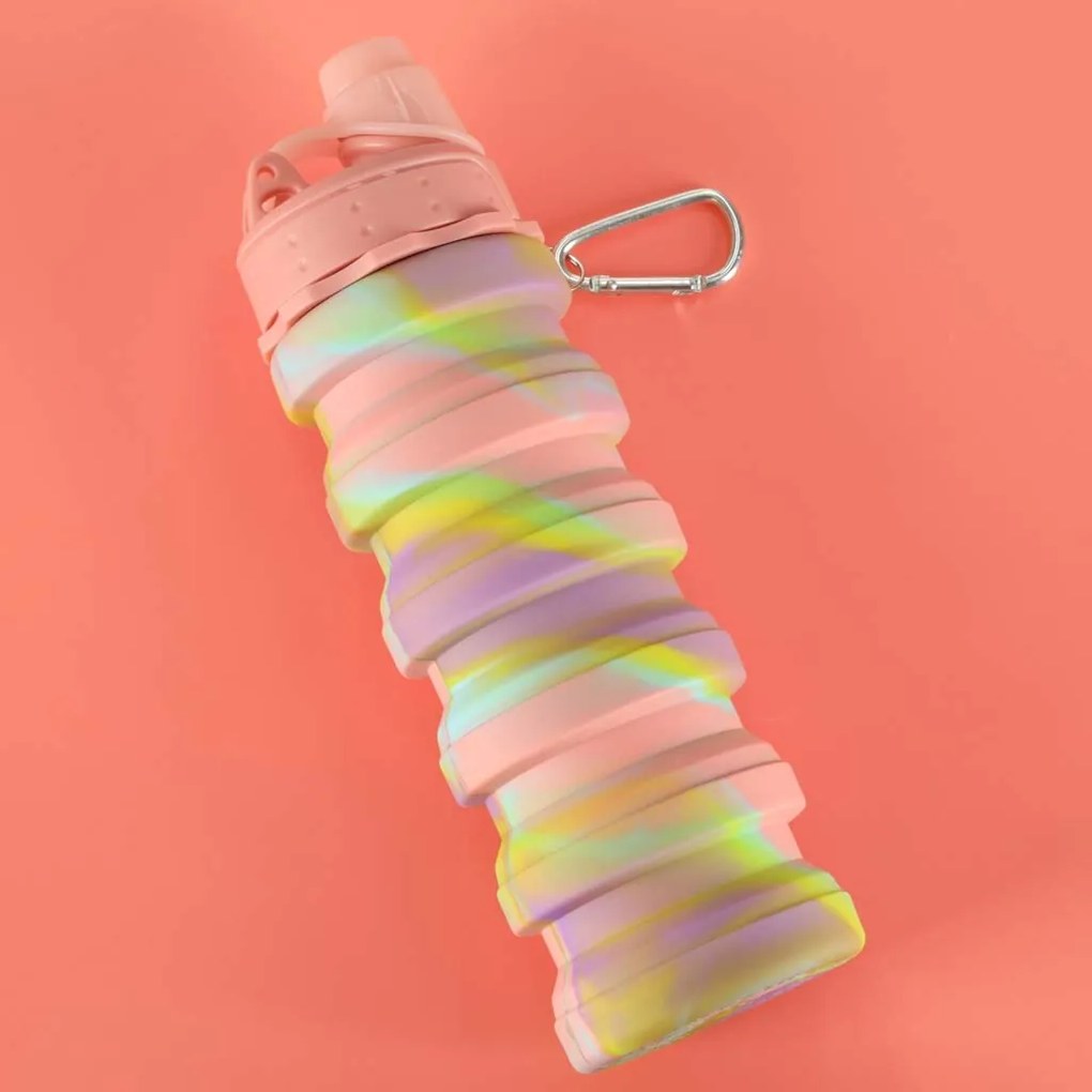 Creative Corner Láhev na vodu bidon silikonová skládací s rukojetí sportovní 500ml duhová