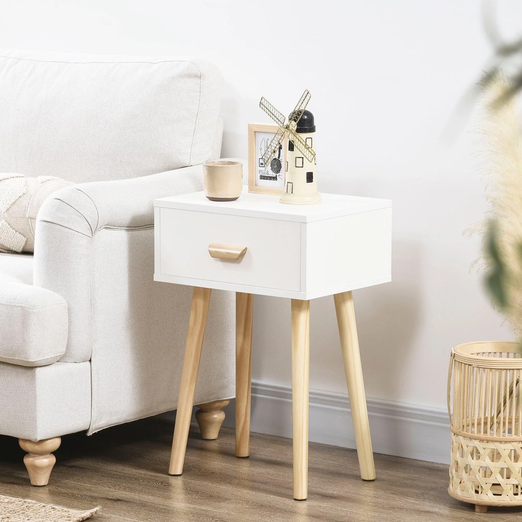 HOMCOM Sada 2 Nočních Stolků se Zásuvkou a Dřevěnými Nohami pro Ložnici, Obývací Pokoj nebo Kancelář, Moderní Styl 40,5x30,5x60 cm Bílá | Aosom