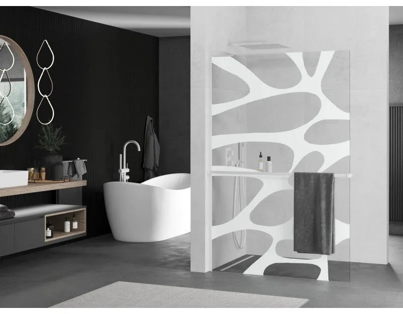 Mexen Kioto+ L, sprchová zástěna Walk-In s poličkou a věšákem 90 x 200 cm, 8mm čiré sklo bílý vzor, bílý profil, 800-090-123-20-97