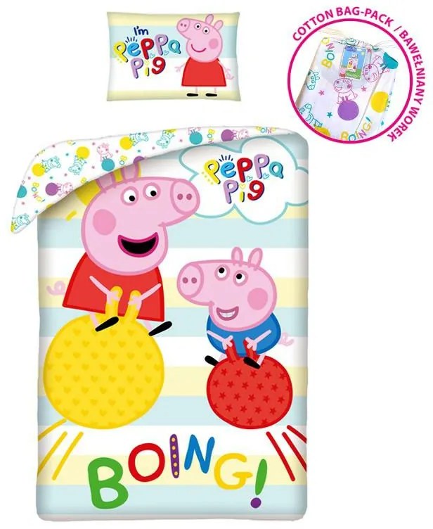 Bavlněné povlečení 140x200 Peppa Pig barevné PE-3265BL povlak na polštář 70x90 + bavlněný sáček Halantex