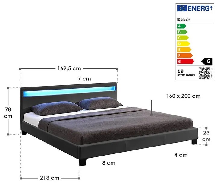 Goleto Čalouněná postel Paris 160 x 200 cm s LED osvětlením | tmavě šedá