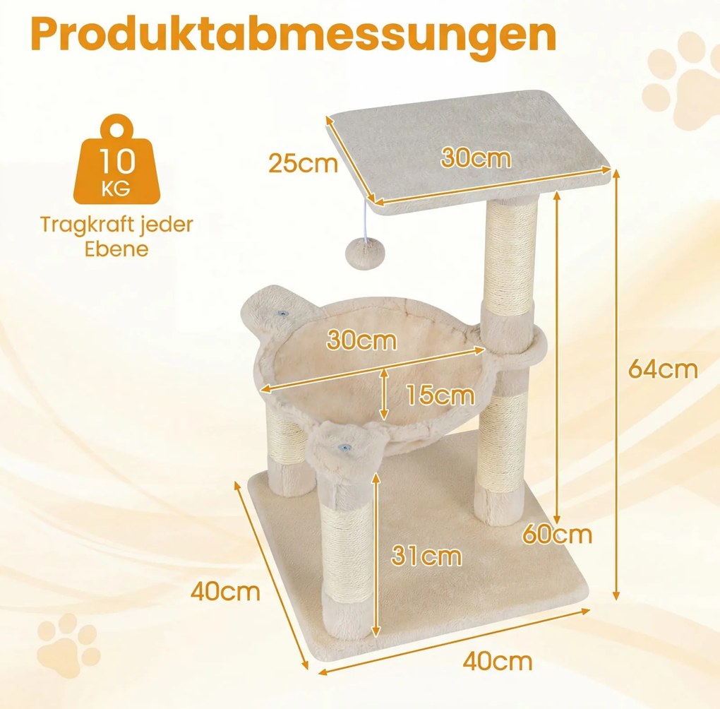 Costway 64 cm Škrabací sloupek Sledovací místo Houpací síť Sisal
