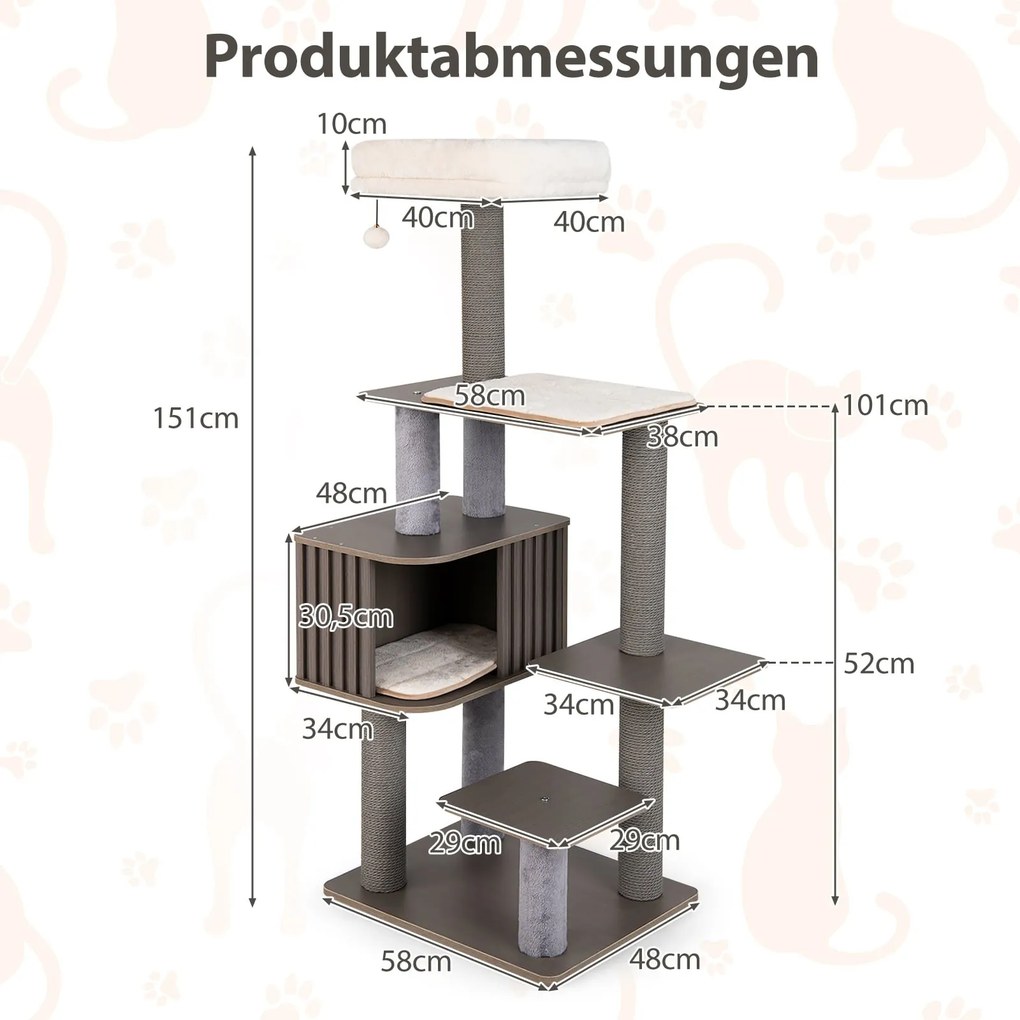 Costway 151 cm škrabadlo s jeskyní pro kočky a škrabadlo a míč a odnímatelné