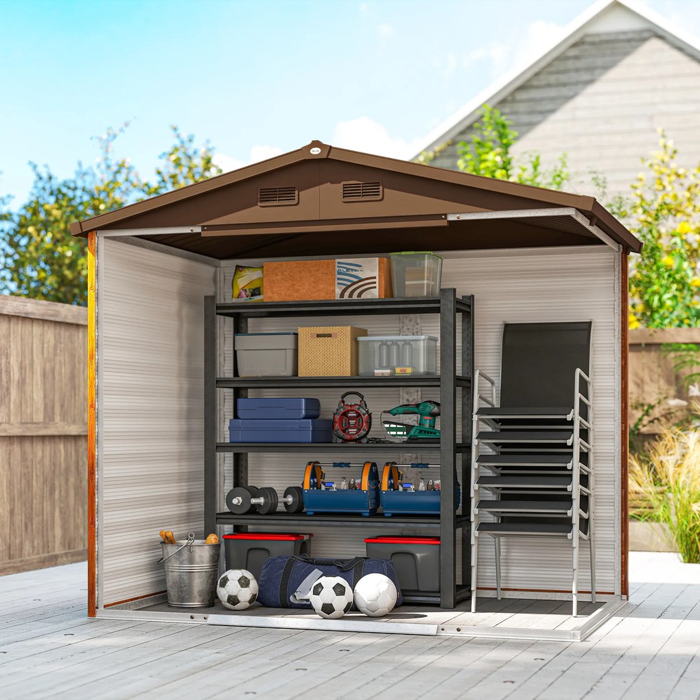 Outsunny Kovový Zahradní Kůlna s Dřevěným Vzhledem 3 m² 152 x 235,7 x 208,7 cm Sklad pro Nástroje s Šikmou Střechou, Okny a Dvoubarevnými Posuvnými D…