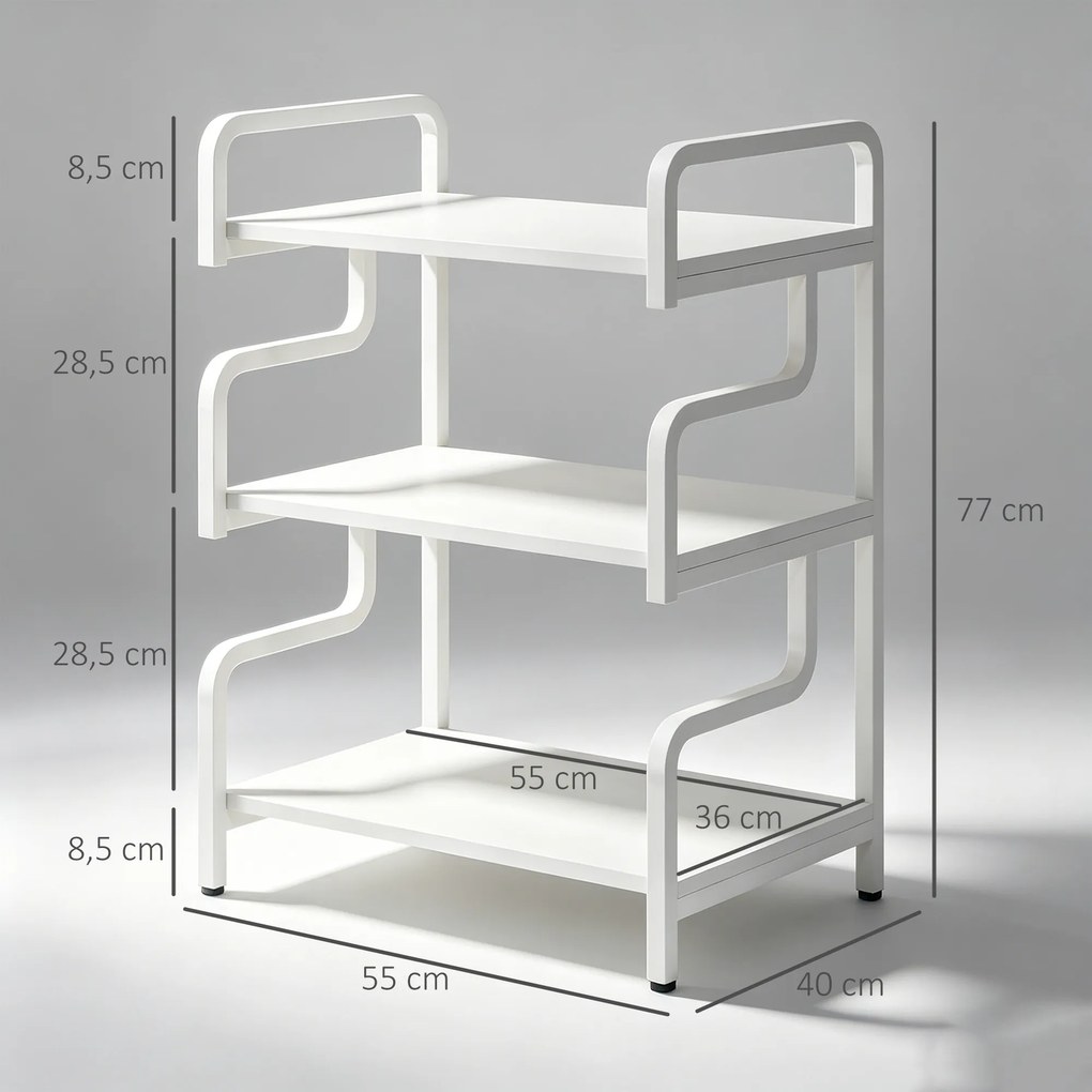 HOMCOM 3-vrstvý stojan na tiskárnu, úložná polička, dřevěný a kovový stojan na tiskárnu 55x40x77 cm pro domácí kancelář bílý