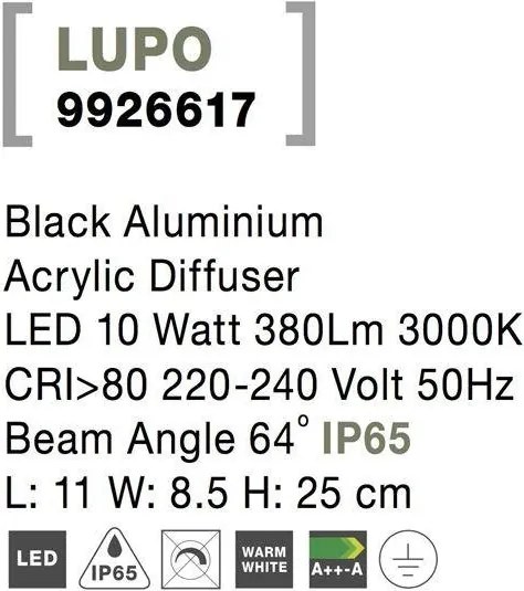 NV 9926617 Venkovní nástěnné svítidlo LUPO černý hliník akrylový difuzor LED 10W 3000K 220-240V 64st. IP65 - NOVA LUCE