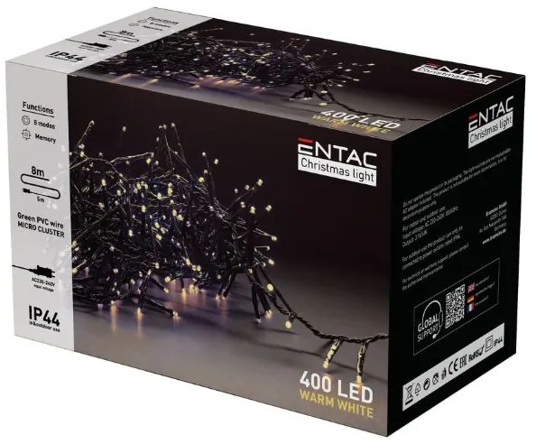 Hustý LED vánoční řetěz 8m, venkovní, teplé světlo, 400 LED, 6W, do zásuvky, 8 režimů