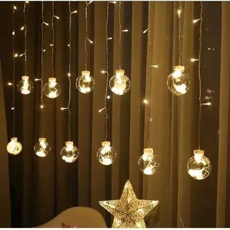 Vánoční osvětlení ISO19736  světelný závěs s koulemi 108 LED na USB, teplý bílý