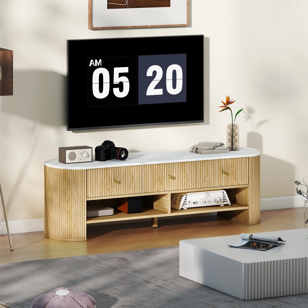 HOMCOM TV skříň 140 cm, televizní nábytek pro 65palcové televize s mramorovým efektem, 3 drážkované čelníky zásuvek, efekt přírodního dřeva
