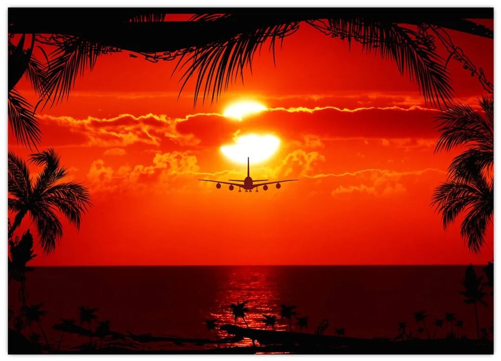 Skleněný obraz - západ slunce s letadlem (70x50 cm)