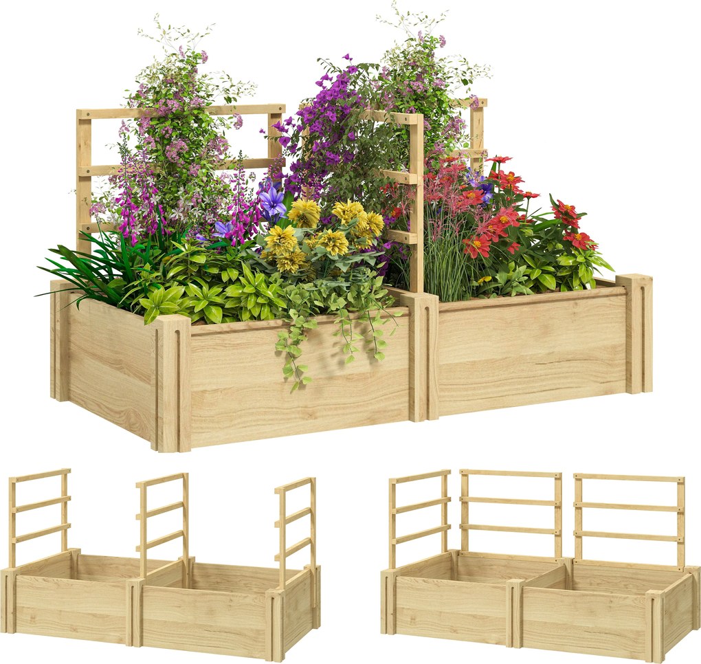 Outsunny Vyvýšený Záhon s 3 Trellisy, Otevřeným Dnem a 2 Květináči, Dřevěný Květináč s Trellis pro Popínavé Rostliny, pro Balkon, 119x62,5x64 cm, Dřev