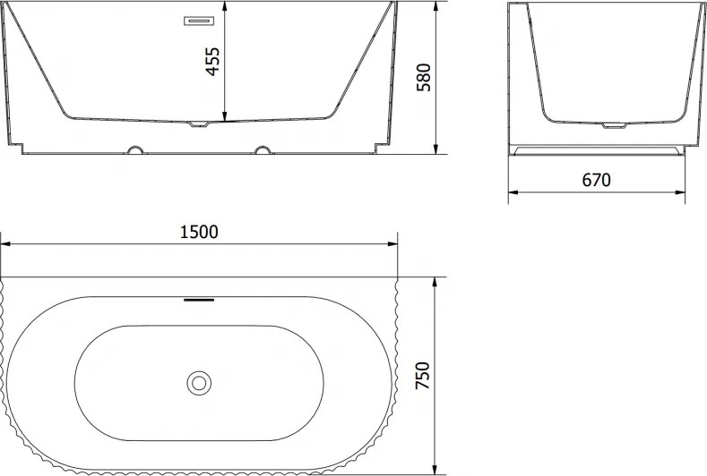 Mexen Sella, volně stojící vana ke stěně, drážkovaná, 150 x 75 cm, bílá matná, chromový přepad, 52711507501-01