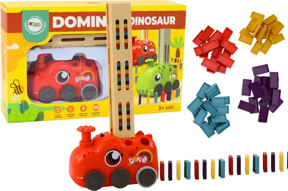 LEAN Toys Autíčko dinosaurus na baterie, skládá barevné domino, 4 barvy