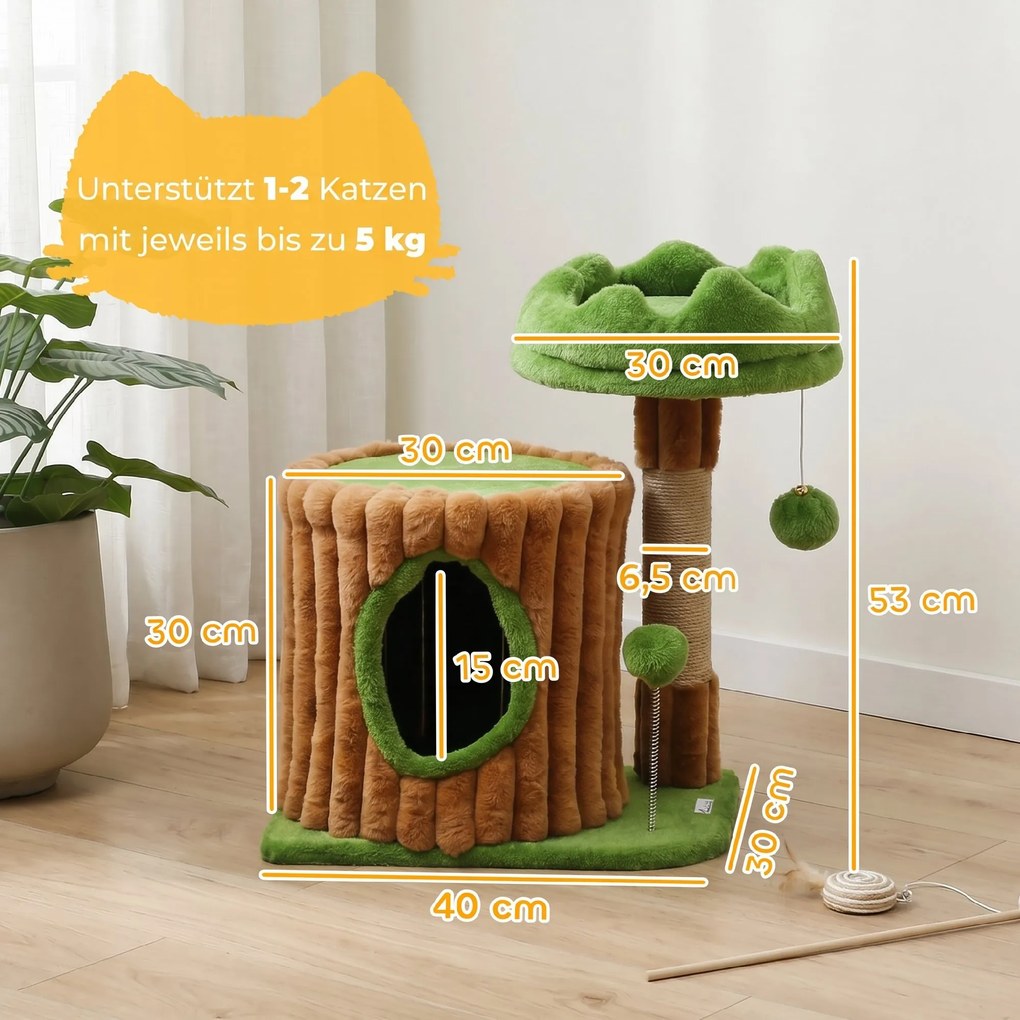 PawHut Škrabadlo 53 cm vysoké, kočičí strom s jeskyní, design kmene stromu, jutové stromy, 2 míčky pro 1-2 kočky do 5 kg, hnědo+zelené