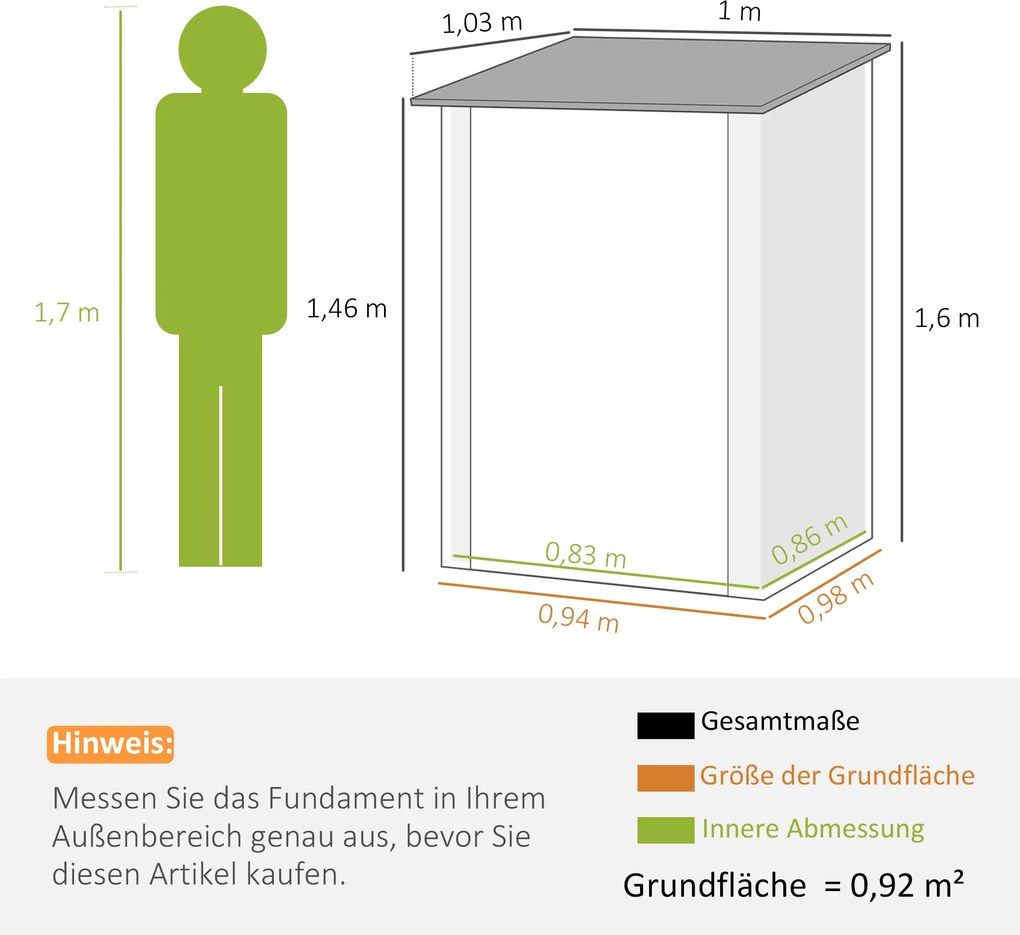 Zahradní kůlna Outsunny 0,92 m² 100x103x160 cm - Kovová kůlna se 1 dveřmi a zámkem na nářadí pro terasu