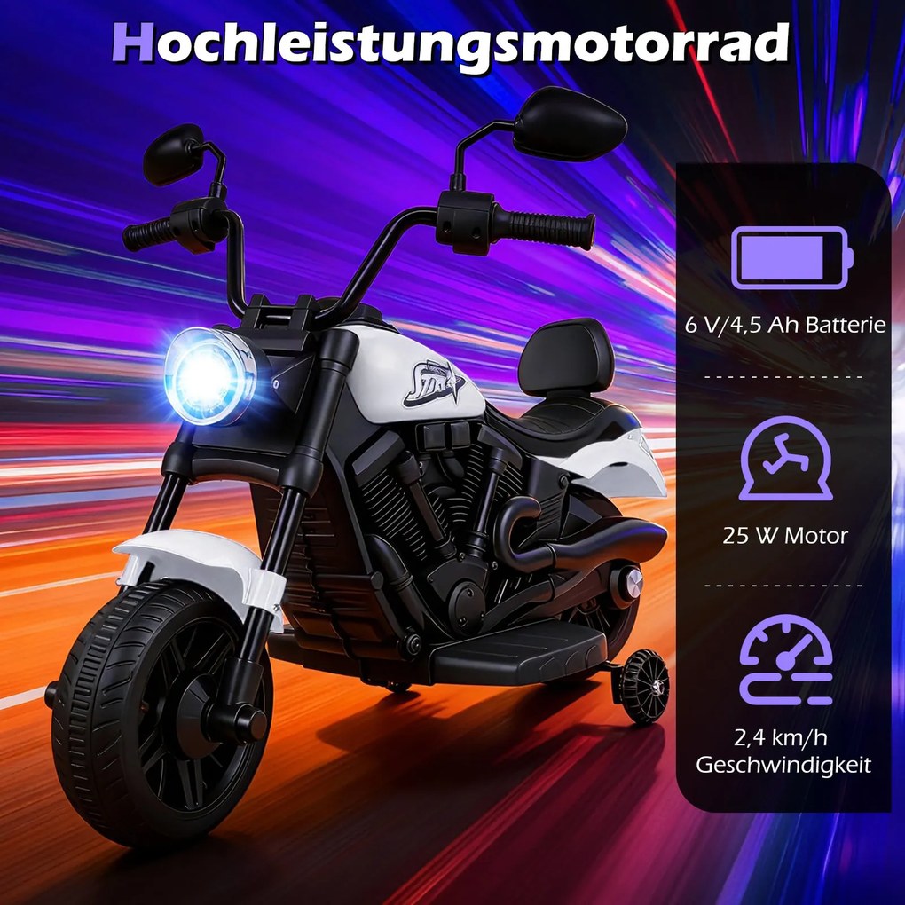 Costway 6 V dětský motocyklový chopper motorka s hudbou, předním nožním pedálem