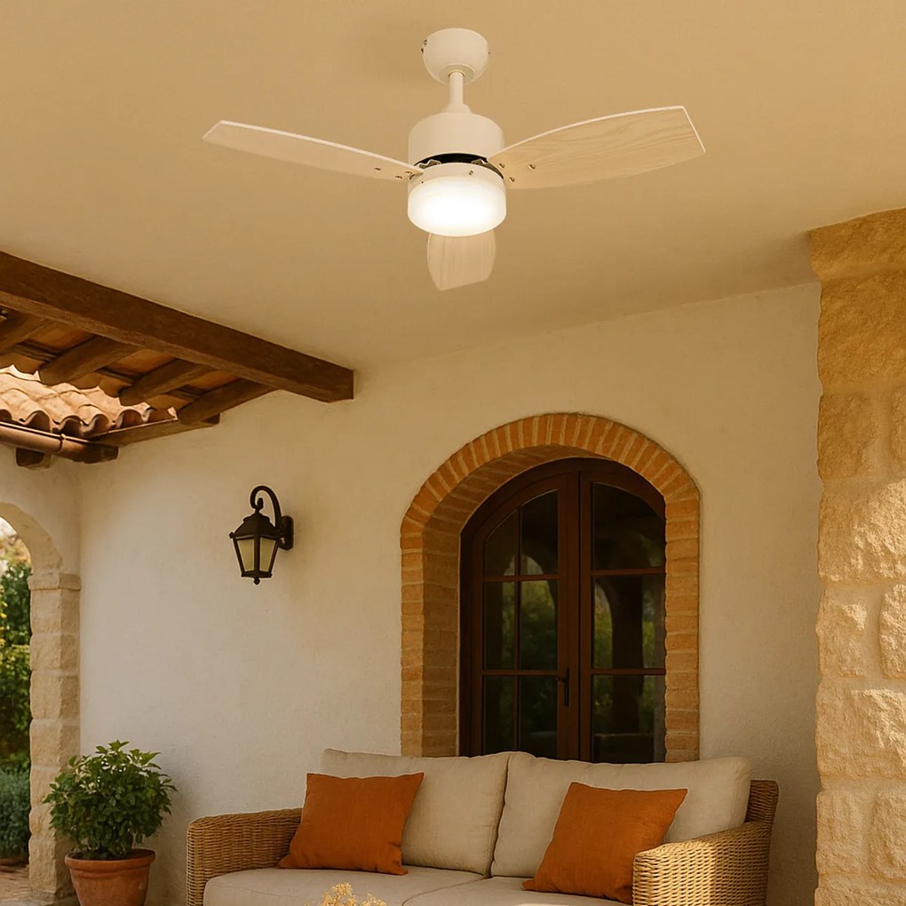 Venkovní stropní ventilátor bílý s dřevěným potiskem 91,3 cm vč. LED stmívatelný s dálkovým ovládáním IP44 - Toledo