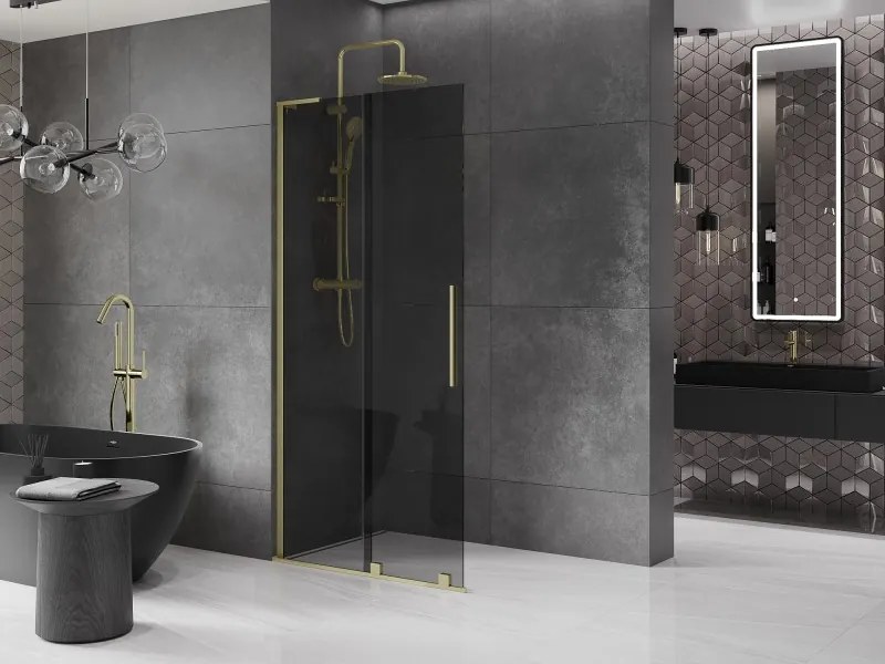 Mexen Velar L, posuvná sprchová zástěna Walk-in 110 x 200 cm, 8mm šedé sklo, zlatá matná, 871-110-003-43-55