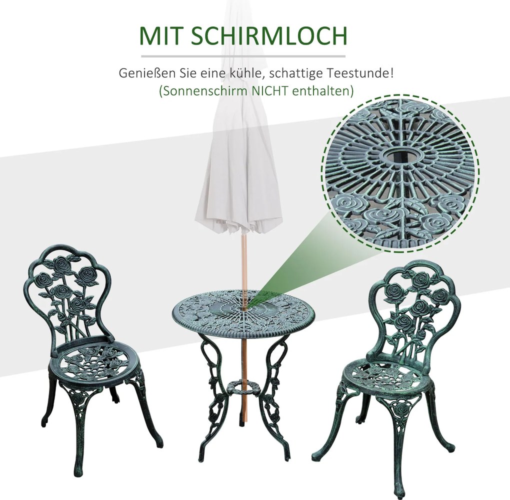 Outsunny bistro set 3-dílný zahradní set starožitně zelený litý hliníkový zahradní nábytek na balkon a terasu