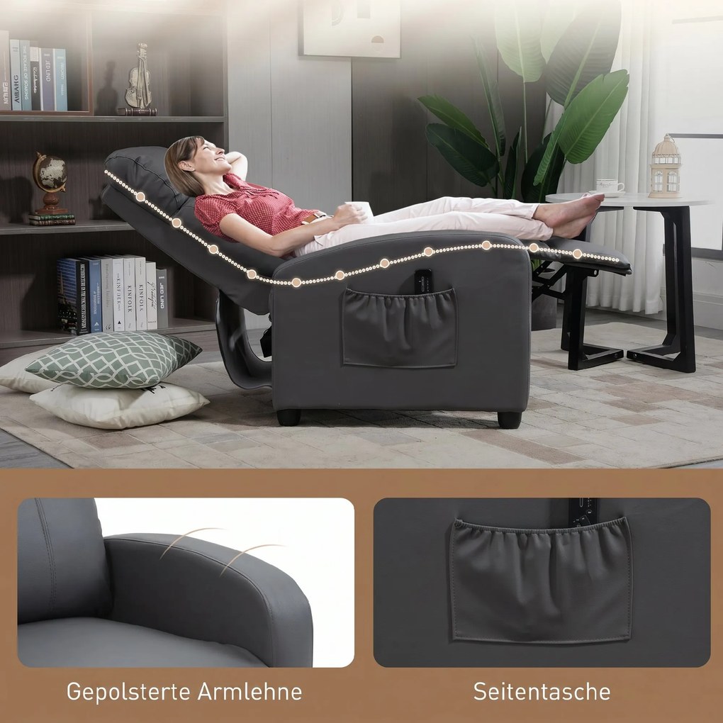HOMCOM Relaxační křeslo, televizní křeslo s vibrační masáží, polohovací funkcí, 2 masážní body, dálkové ovládání, 68 x 88 x 98 cm Šedá