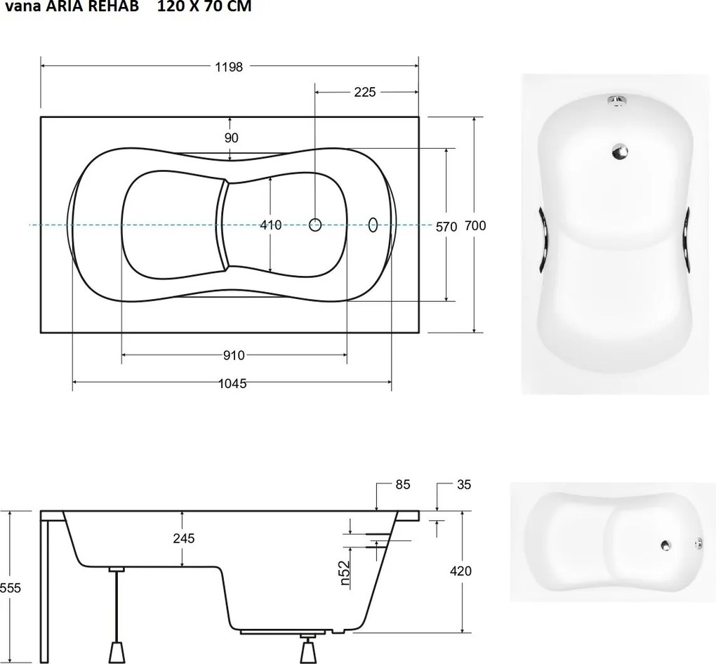 Besco ARIA REHAB 120 x 70 cm VANARIA120REH+VANARIA120REH vana se sedátkem vč. noh Koupelny Bernold
