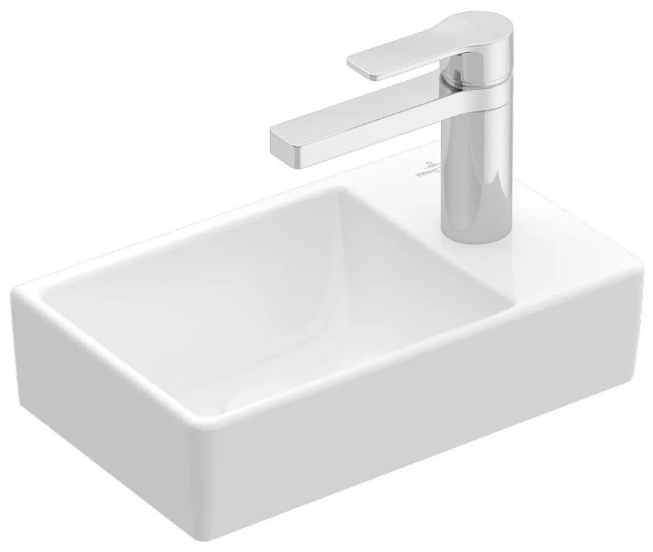 Villeroy & Boch Villeroy Boch AVENTO: umývátko 360x220mm pro 1-otvorovou baterii, mycí plocha vlevo, bílá Alpin, 43003L01