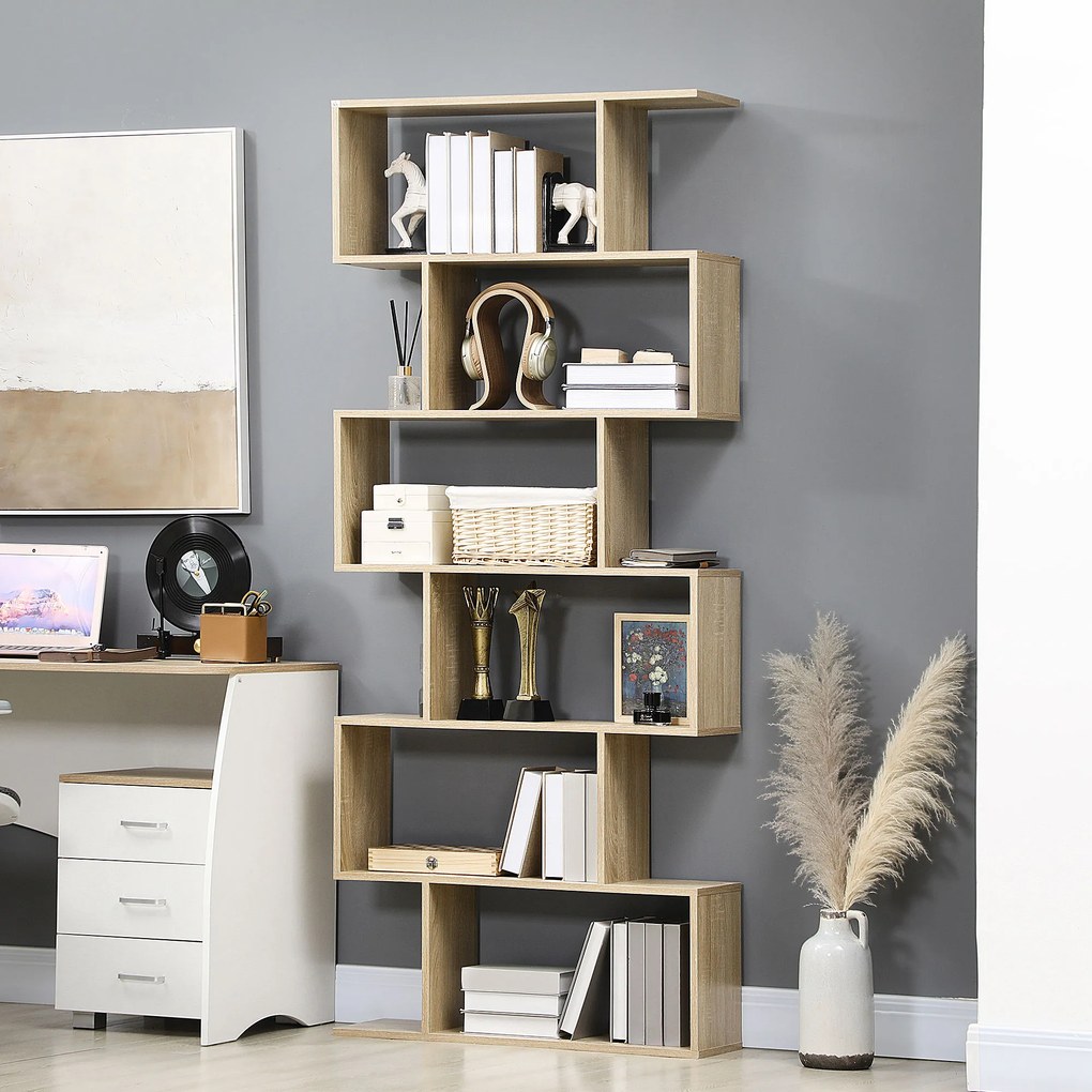 HOMCOM Knižní polička Zigzag v moderním designu 80Š x 23H x 192V cm, 6 úrovní, barva světlého dubu