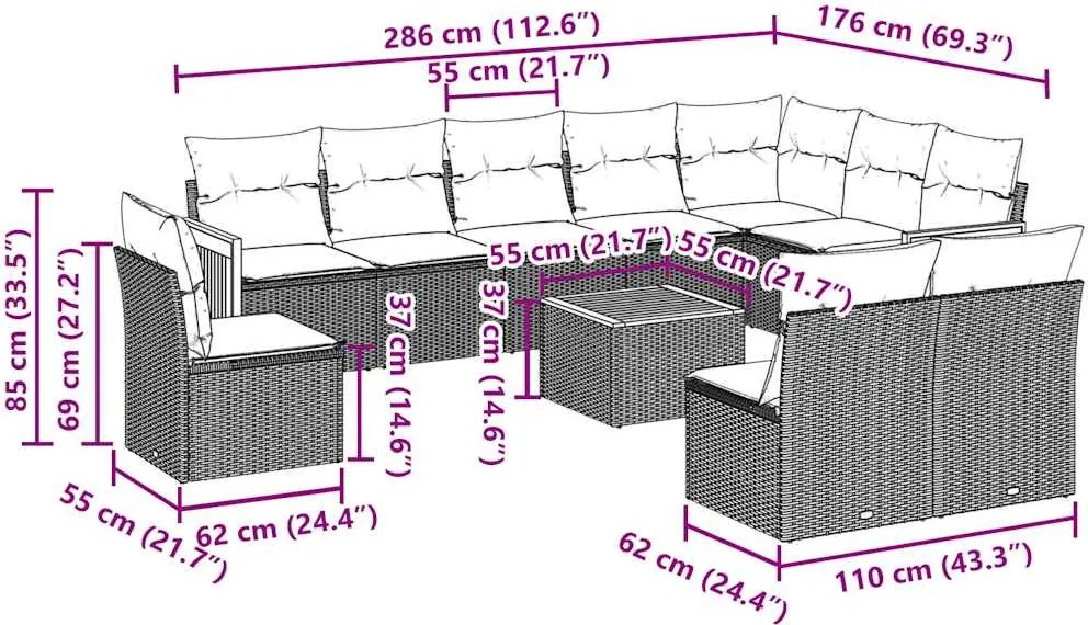 11dílná zahradní sedací souprava s poduškami černá polyratan 3260159