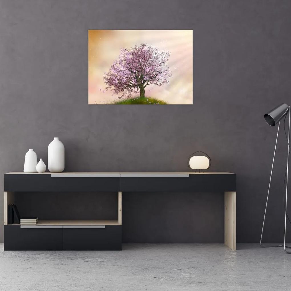 Skleněný obraz rozkvetlého stromu na vrcholku kopce (70x50 cm)