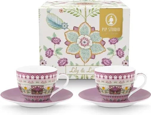 Pip Studio Lily &amp; Lotus sada 2ks espresso šálků s podšálky 100ml, lila (sada 2 hrnků v dárkovém balení)