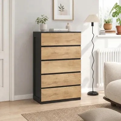 HOMCOM komoda s 5 zásuvkami z dřeva s kovovými pojezdy a frézovanými úchyty, 60x39x100 cm