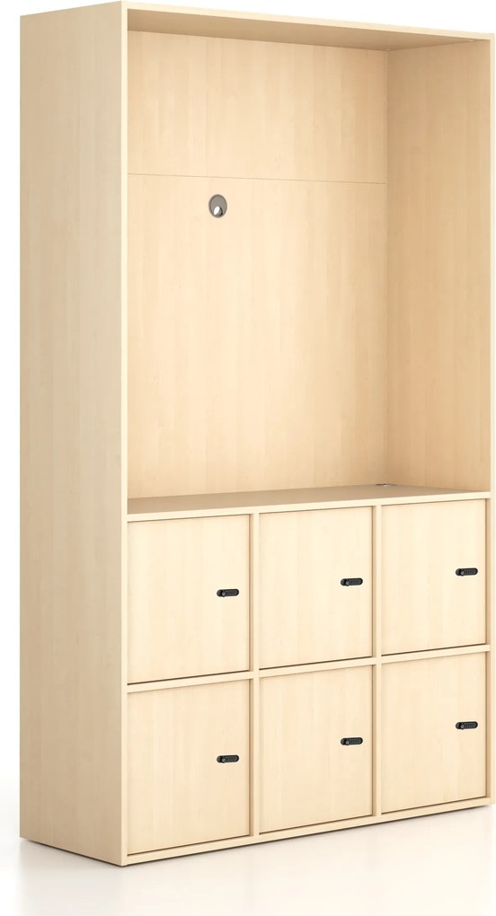 Kancelářská skříň FRAME, 6x dveře, prostor pro TV, 1299 x 450 x 2162 mm, mechanický kódový zámek, bříza