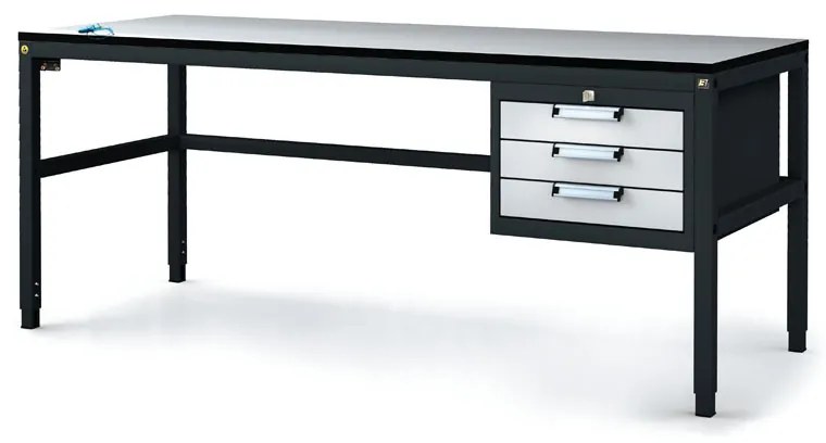 Antistatický dílenský ESD stůl, 3 zásuvkový box na nářadí, 1800x800x745-985 mm