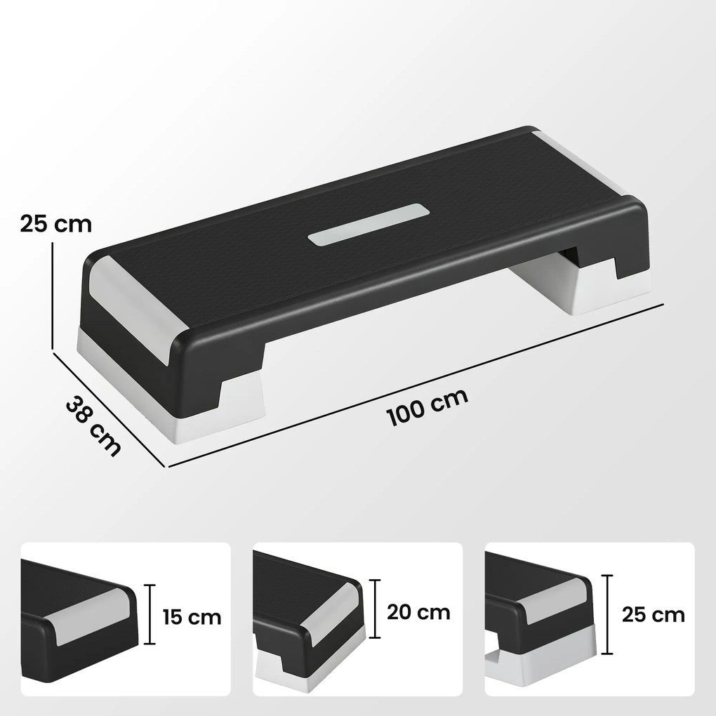 SPORTNOW Aerobic Stepper – nastavitelný na 3 výšky (15/20/25 cm), protiskluzový, nosnost 250 kg – kompaktní černý step pro domácí cvičení