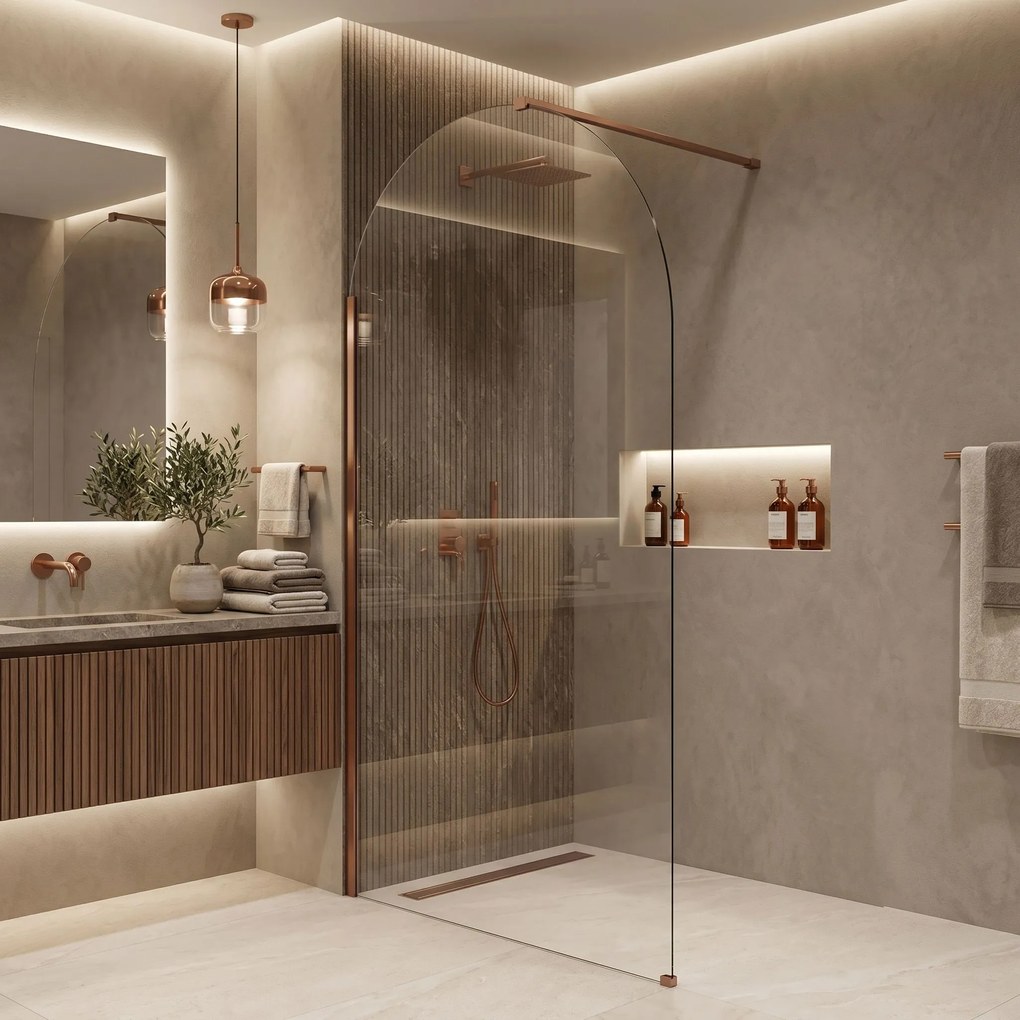 Bezrámová sprchová zástěna REA HEAVEN COPPER BRUSH 120 cm, měď kartáčovaná/transparent - bez vaničky