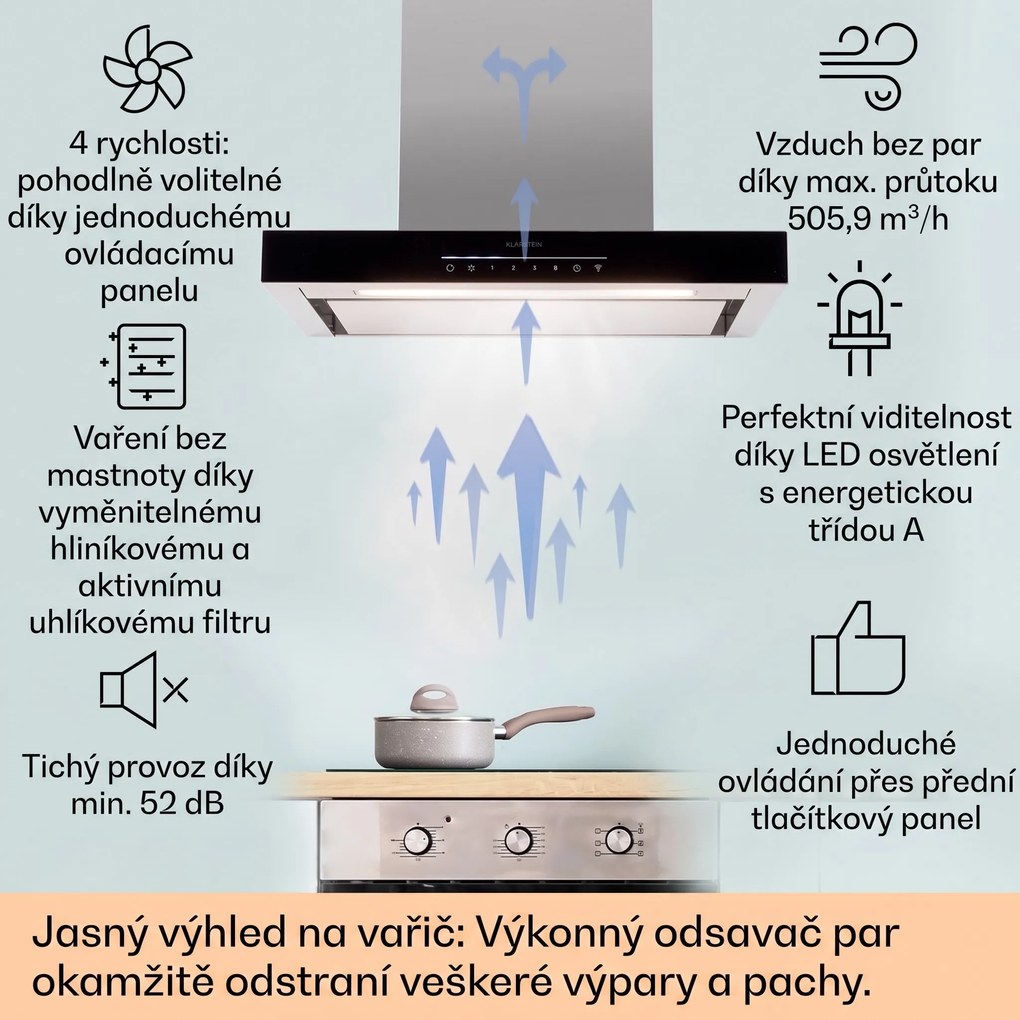 Klarstein Alinea 60 Smart, digestoř, 60 cm, nástěnná, 555 m³/h, Wi-Fi, A++, dotykový displej