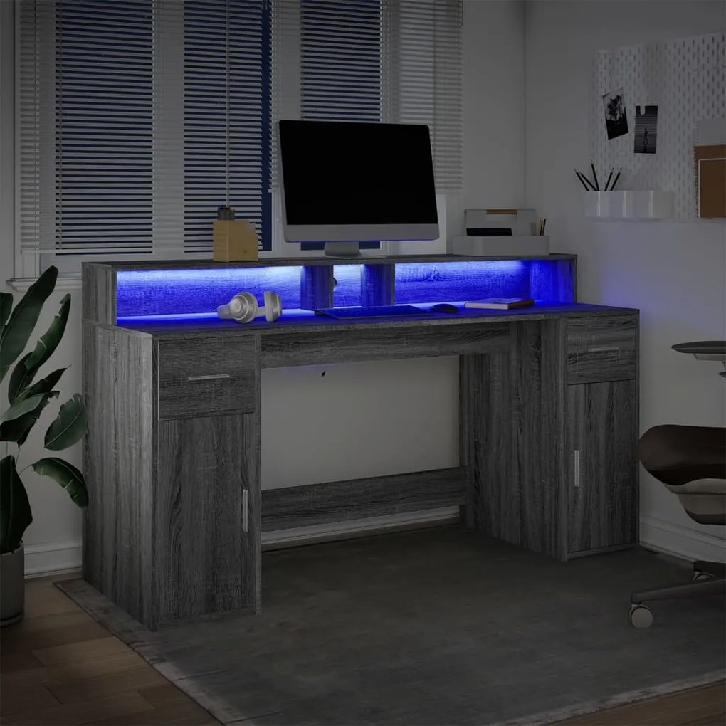 Psací stůl s LED šedý sonoma 160 x 55 x 91 cm kompozitní dřevo 3309434