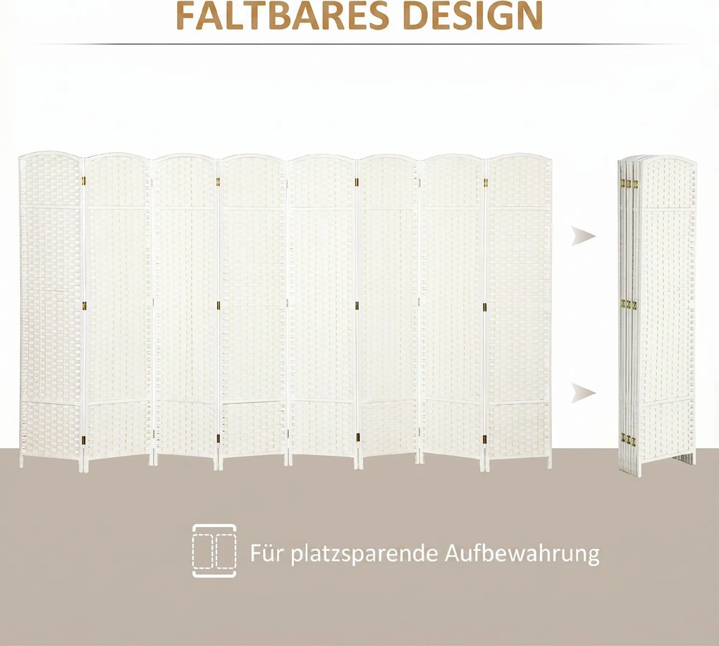 HOMCOM 8panelový paravan 320 × 170 cm – skládací s borovicovým rámem, bílý