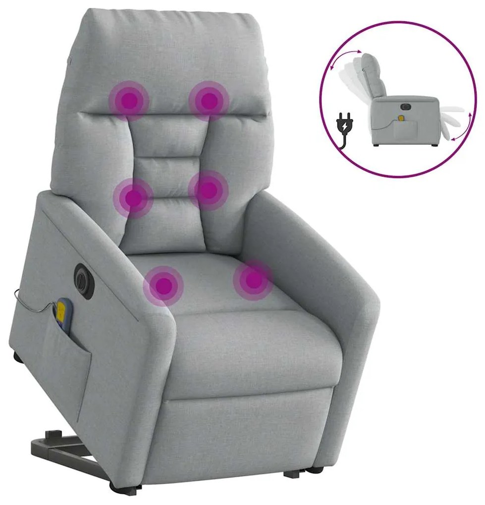 Elektrické zvedací masážní polohovací křeslo světle šedé textil 3303062