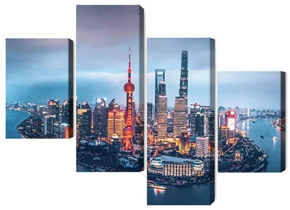 Vícedílný obraz Panorama Šanghaje V Noci Nedostatek Nedostatek Přírodní plátno 160x100