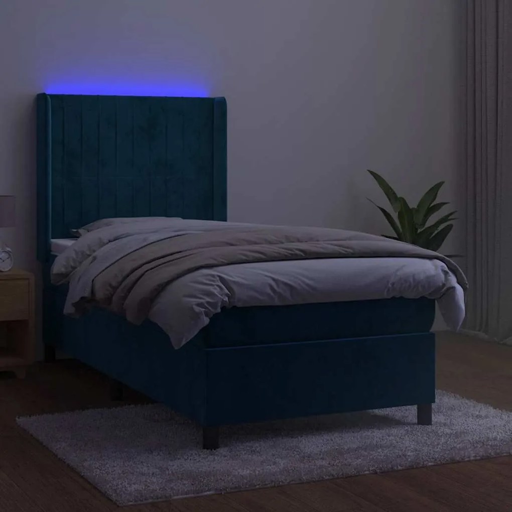 Box spring postel s matrací a LED tmavě modrá 90x200 cm samet 3139665