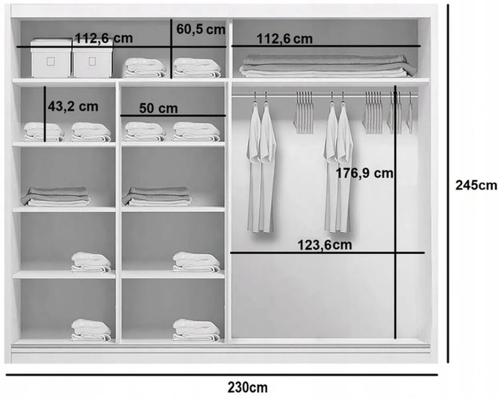Zrcadlová šatní skříň 230/245 BENEDICTO - dub sonoma / bílá