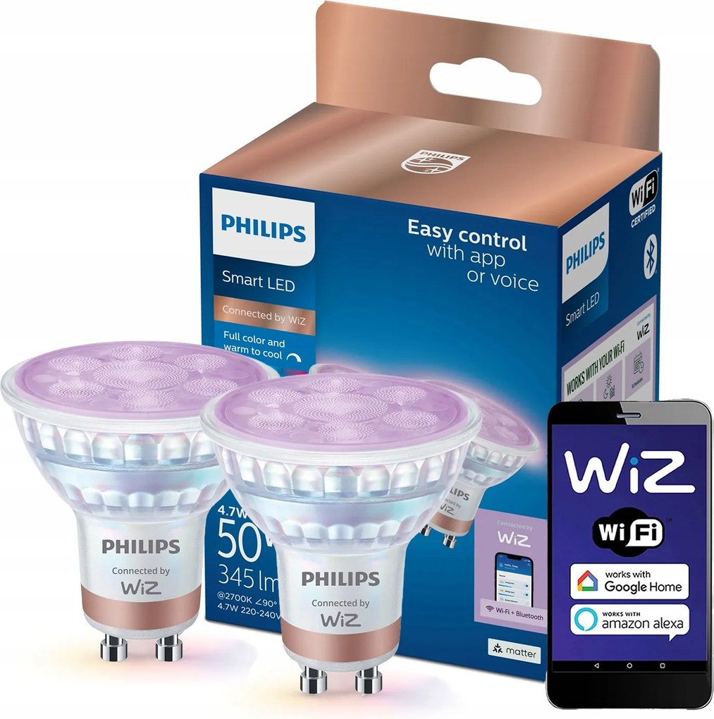 2x Led žárovka GU10 4,7W 50W 2200-6500K Rgb 36° Smart WiFi Philips WiZ