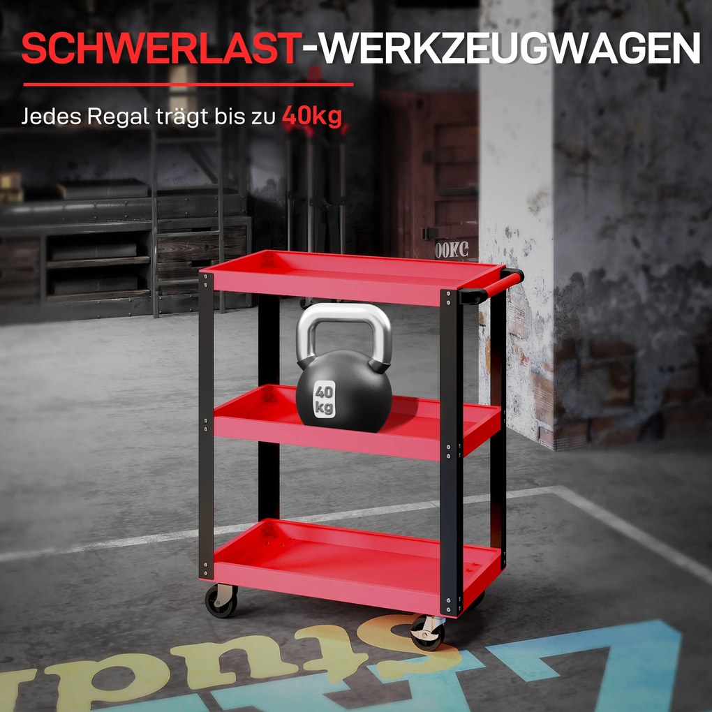 HOMCOM Vozík na nářadí se 3 úrovněmi, kovový rám, nosnost 120 kg, kola, madlo, červený
