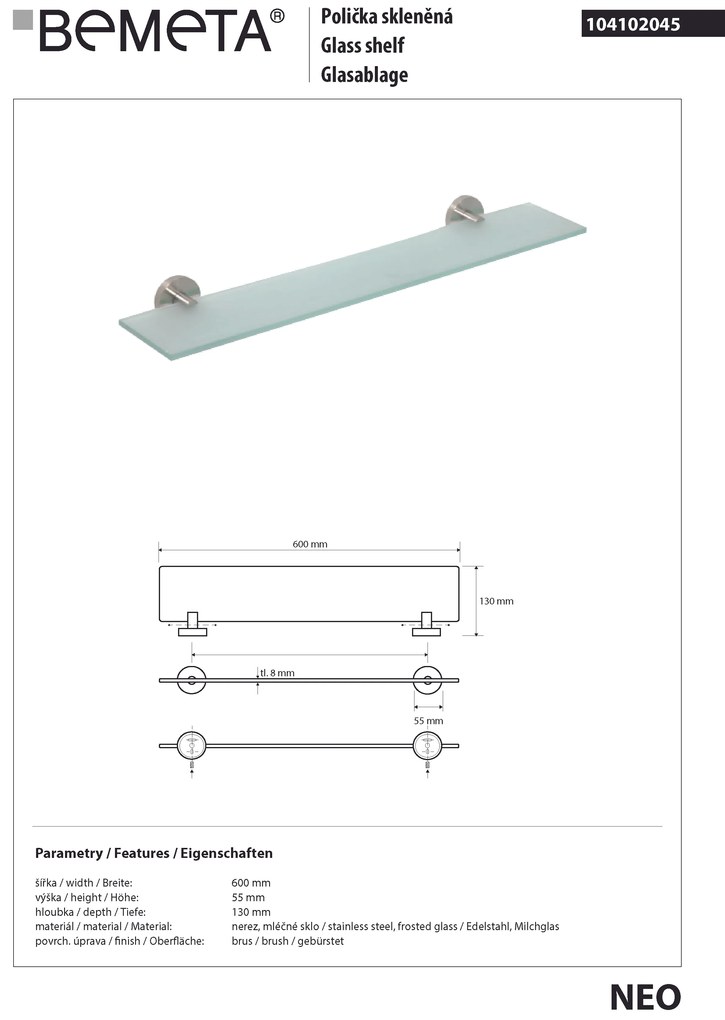 Bemeta Design NEO: Polička, 600 mm, sklo - 104102045