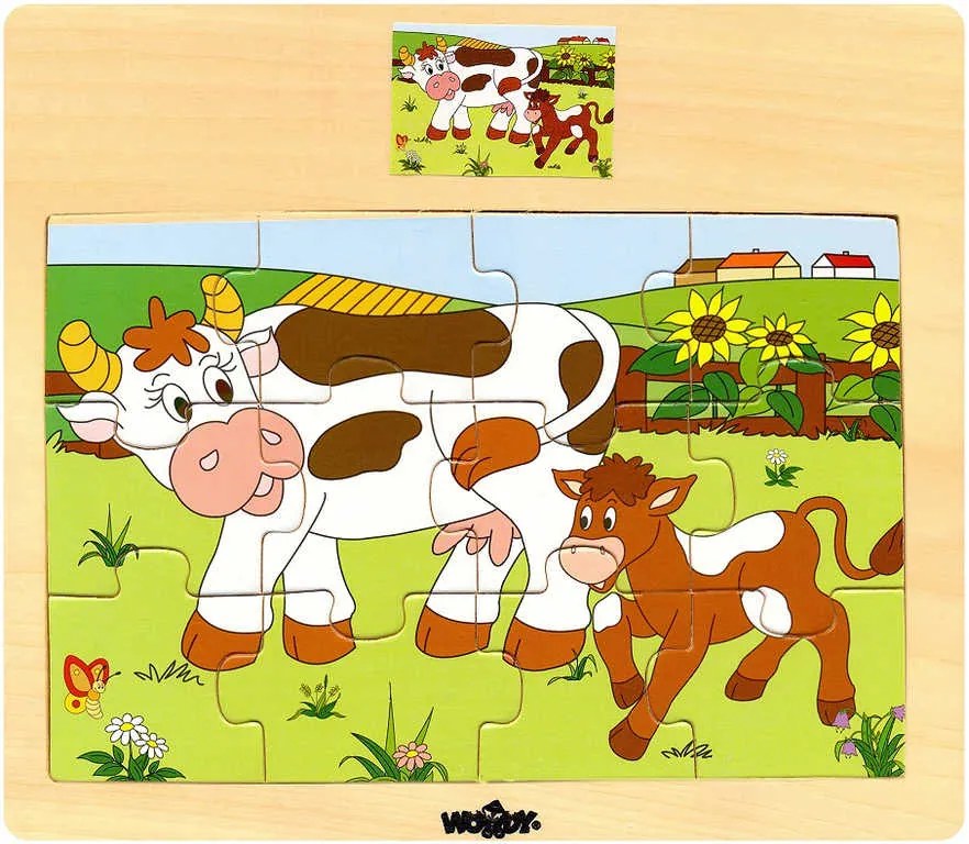 WOODY DŘEVO Puzzle na desce Zvířátka domácí s mláďátky 6 druhů 93010