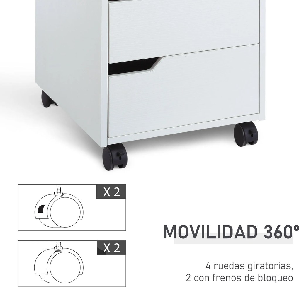HOMCOM Kancelářská zásuvková skříň s kolečky, filing cabinet se 3 zásuvkami, 40x50x57 cm, bílá