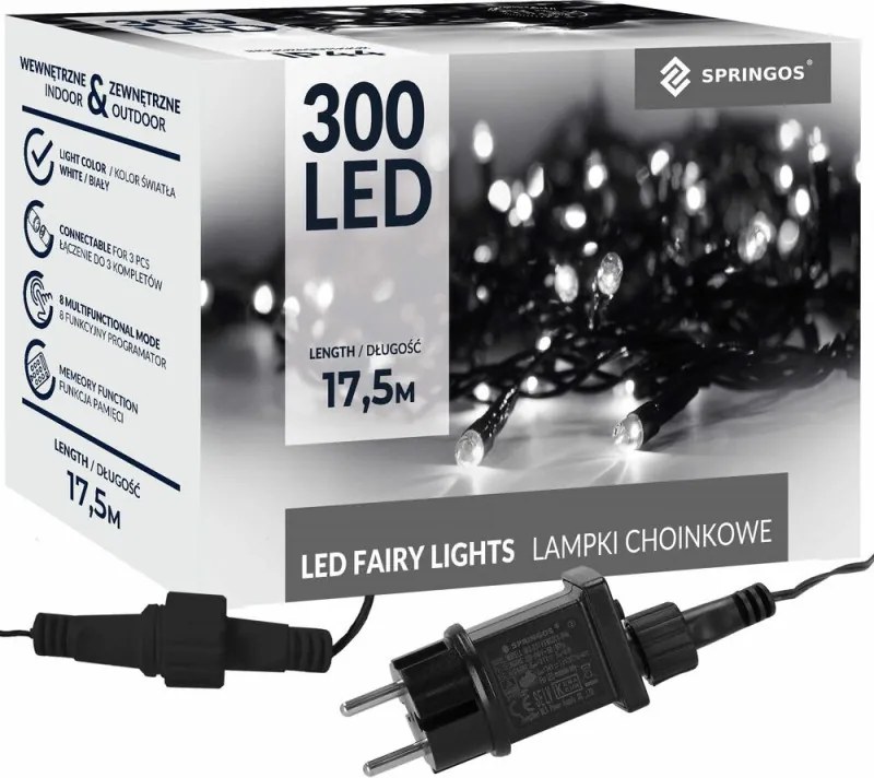 LED světelný řetěz - 17,5m, 300LED, 8 funkcí, IP44, studená bílá