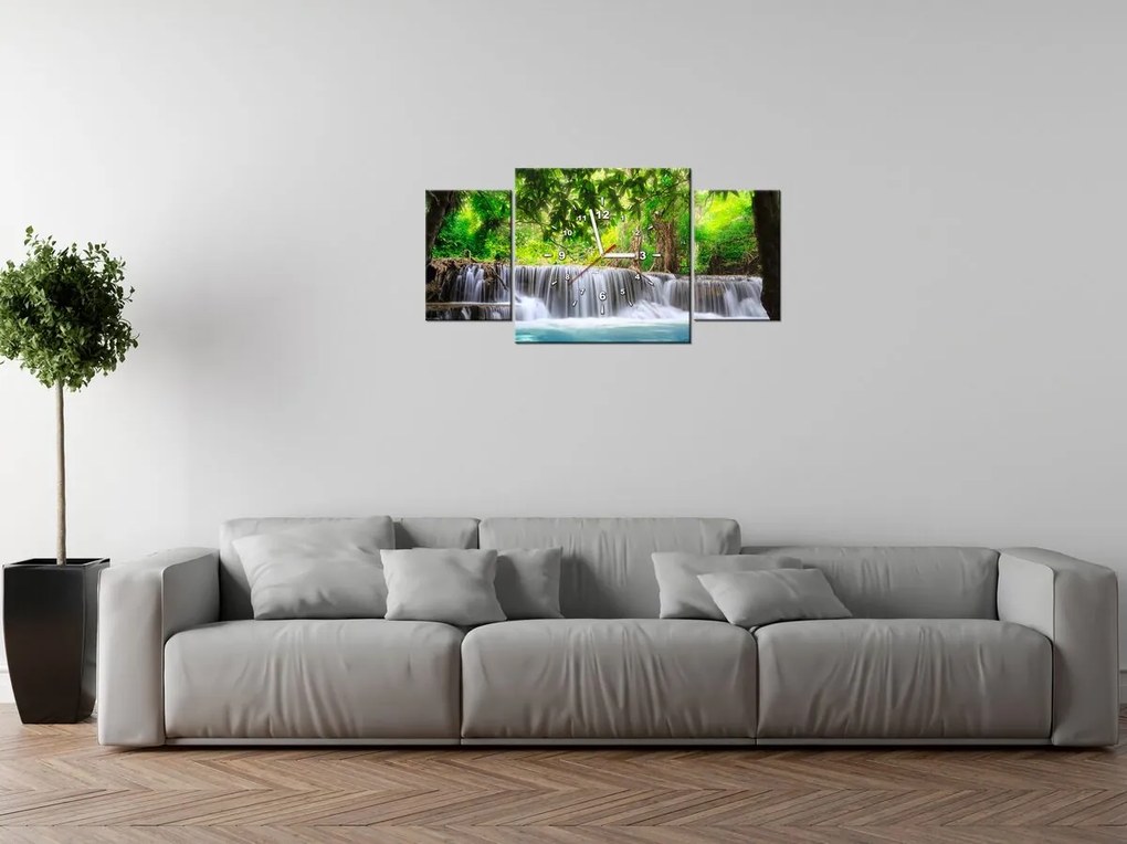 Gario Obraz s hodinami Čirý vodopád v džungli - 3 dílný Rozměry: 90 x 70 cm